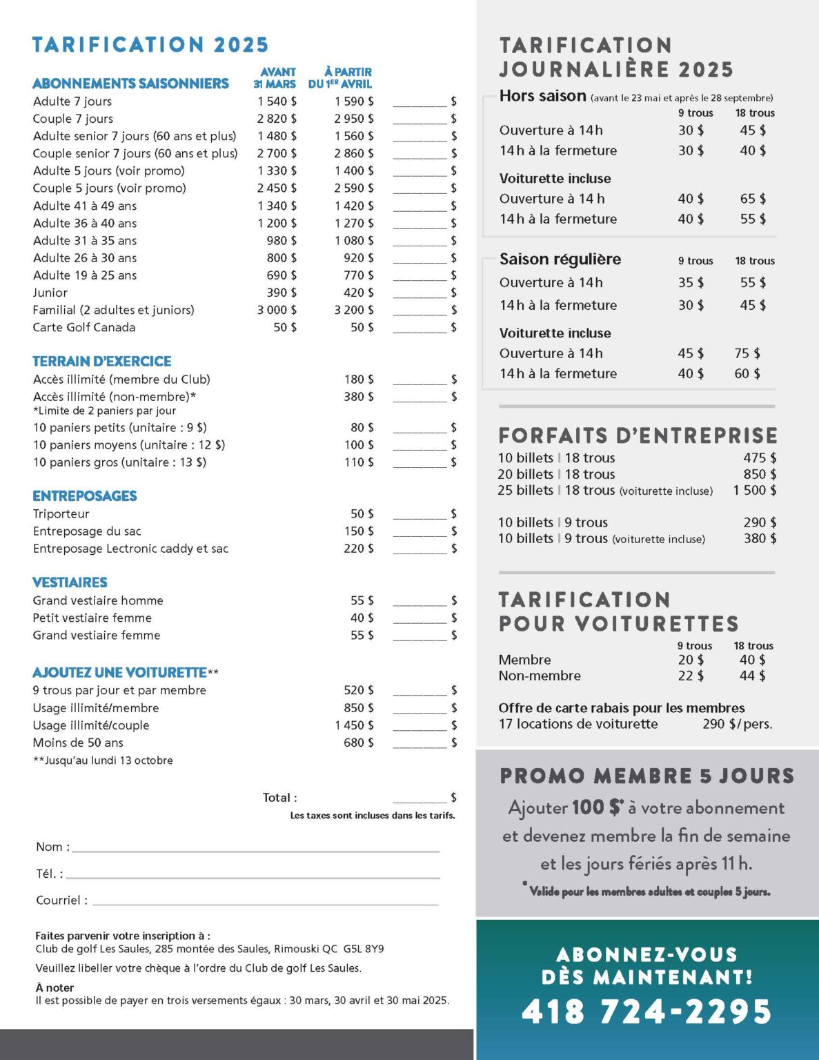 TARIFICATION 2025 – Golf Les Saules
